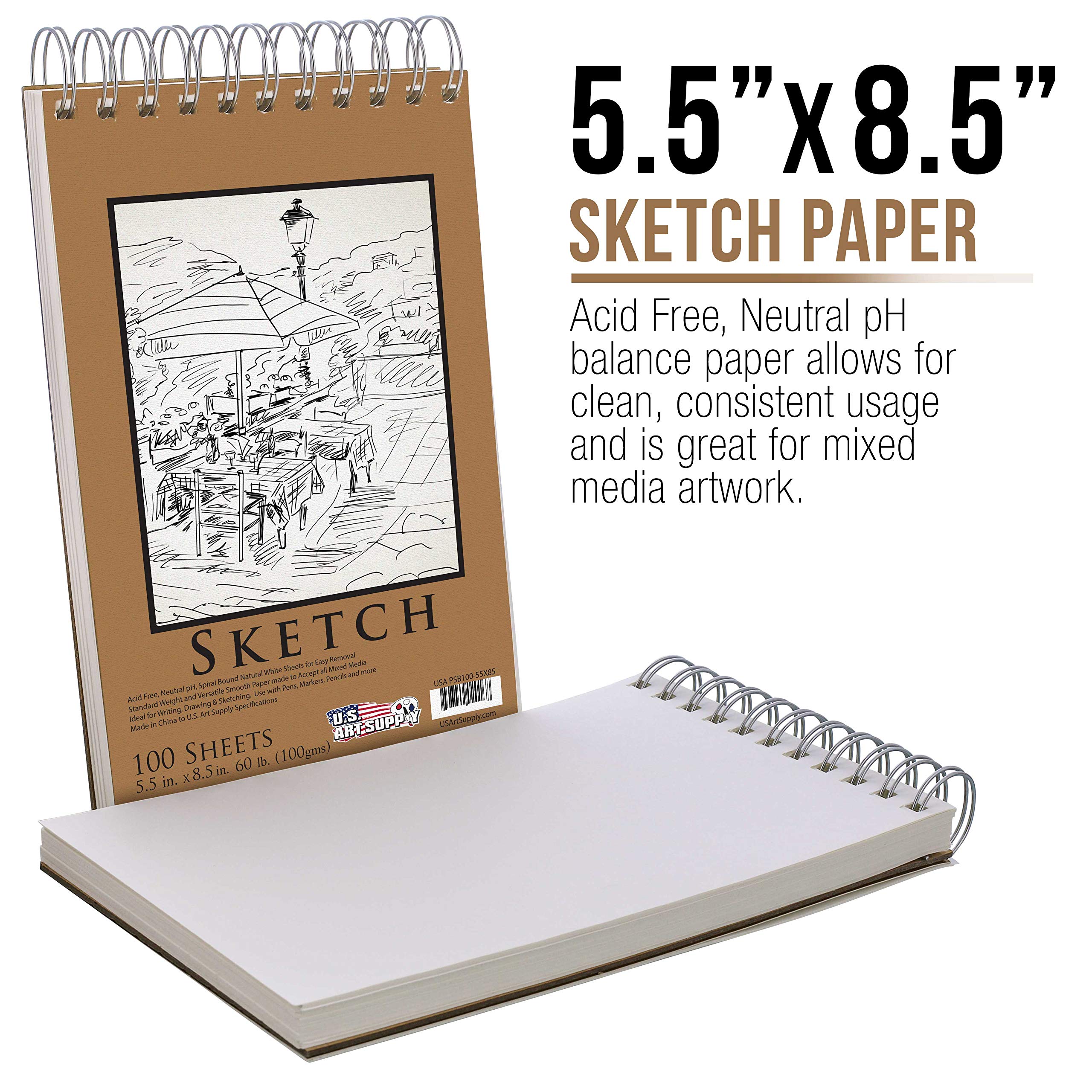 U.S. Art Supply 5.5" x 8.5" Top Spiral Bound Sketch Book Pad, Pack of 2, 100 Sheets Each, 60lb (100gsm) - Artist Sketching Drawing Pad, Acid-Free - Graphite Colored Pencils, Charcoal - Adults Students