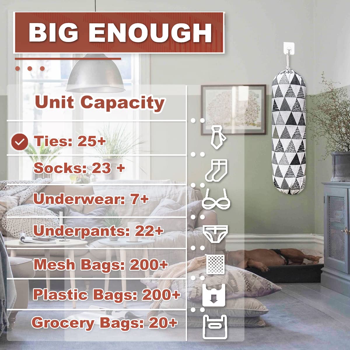 Plastic Bag Holder,Wall Mount Plastic Bag Organizer,Washable Large Grocery Bag Storage Dispenser,Shopping Bags Carrier for Home Kitchen Travelling,Free Adjustment with Drawstring,Gray triangle, 22x9"
