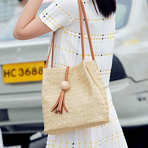 GL-Turelifes Medium Straw Bag Hand Weave Beach Handbag Summer Crossbody Shoulder Bags Bucket Tassel Totes for Women