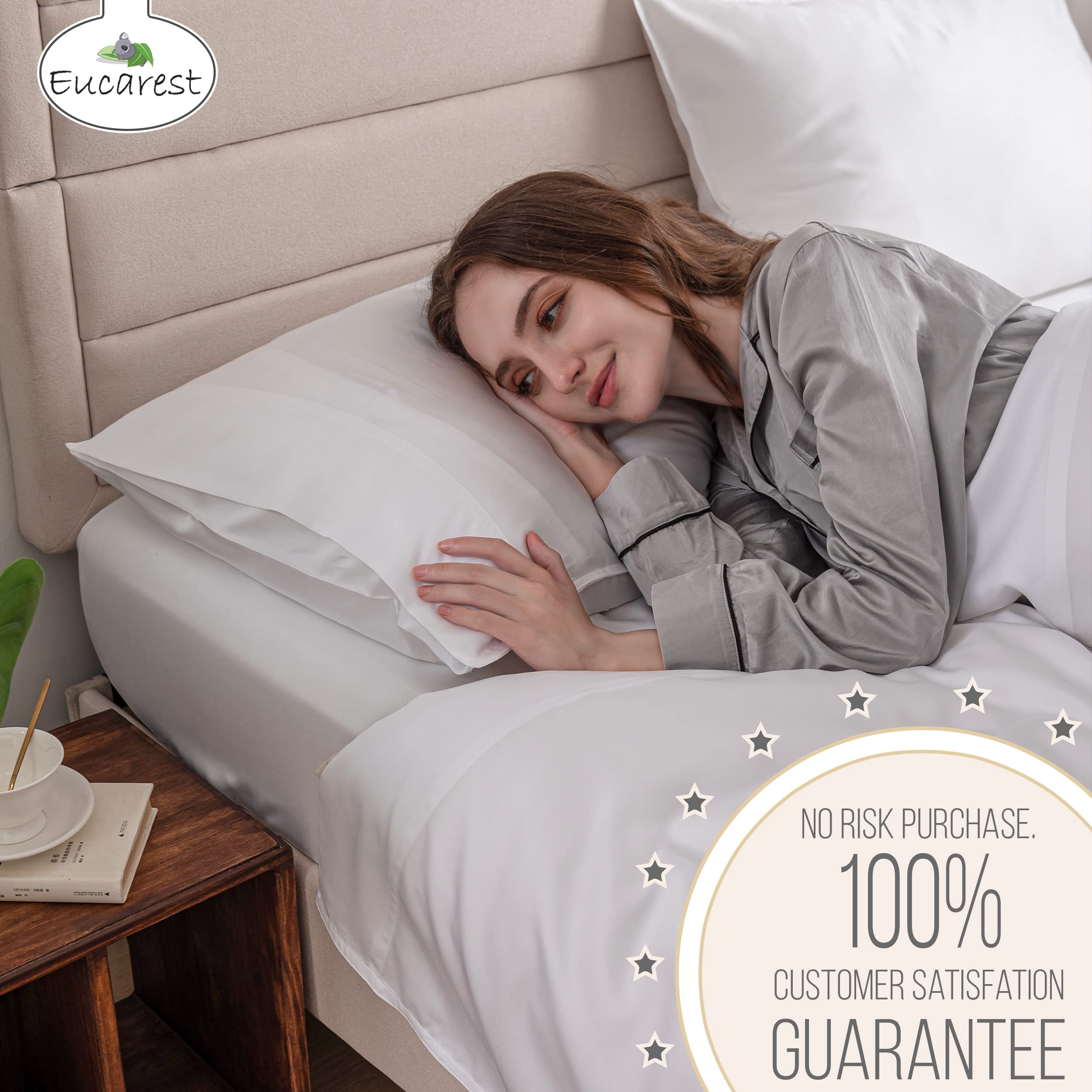 Eucalyptus Lyocell Bed Sheets, Hypoallergenic 100% Organic Tencel, Thermal Regulating and Moisture Wicking for Hot Sleepers, Superior Thread Quality, Extra Deep Pockets King Size – White