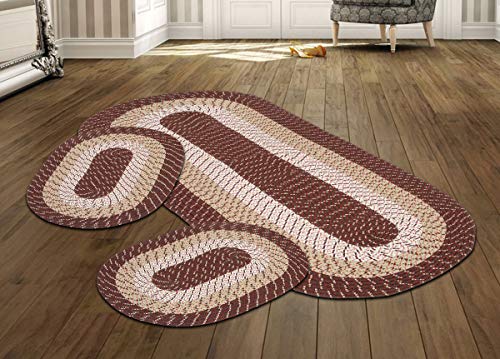 Better Trends Country Braid Collection 3 Piece Set Durable & Stain Resistant Reversible Indoor Oval Area Rug 100% Polypropylene in Vibrant Colors, 20"x30"/20"x30"/24"x72", Brown Stripe