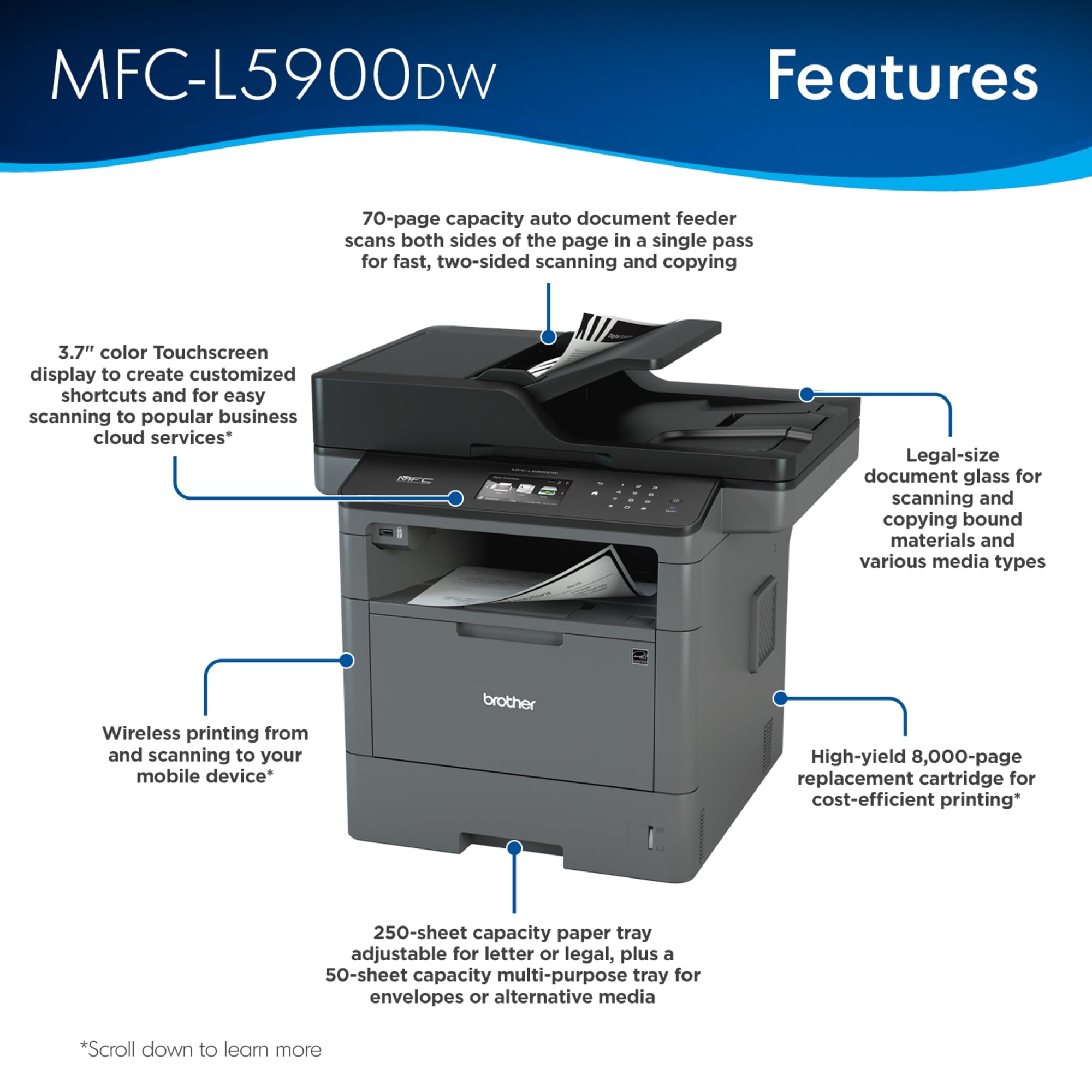 Brother Monochrome Laser Printer, Multifunction Printer, All-in-One Printer, MFC-L5900DW, Wireless Networking, Mobile Printing & Scanning, Duplex Print, Copy & Scan, Amazon Dash Replenishment Ready