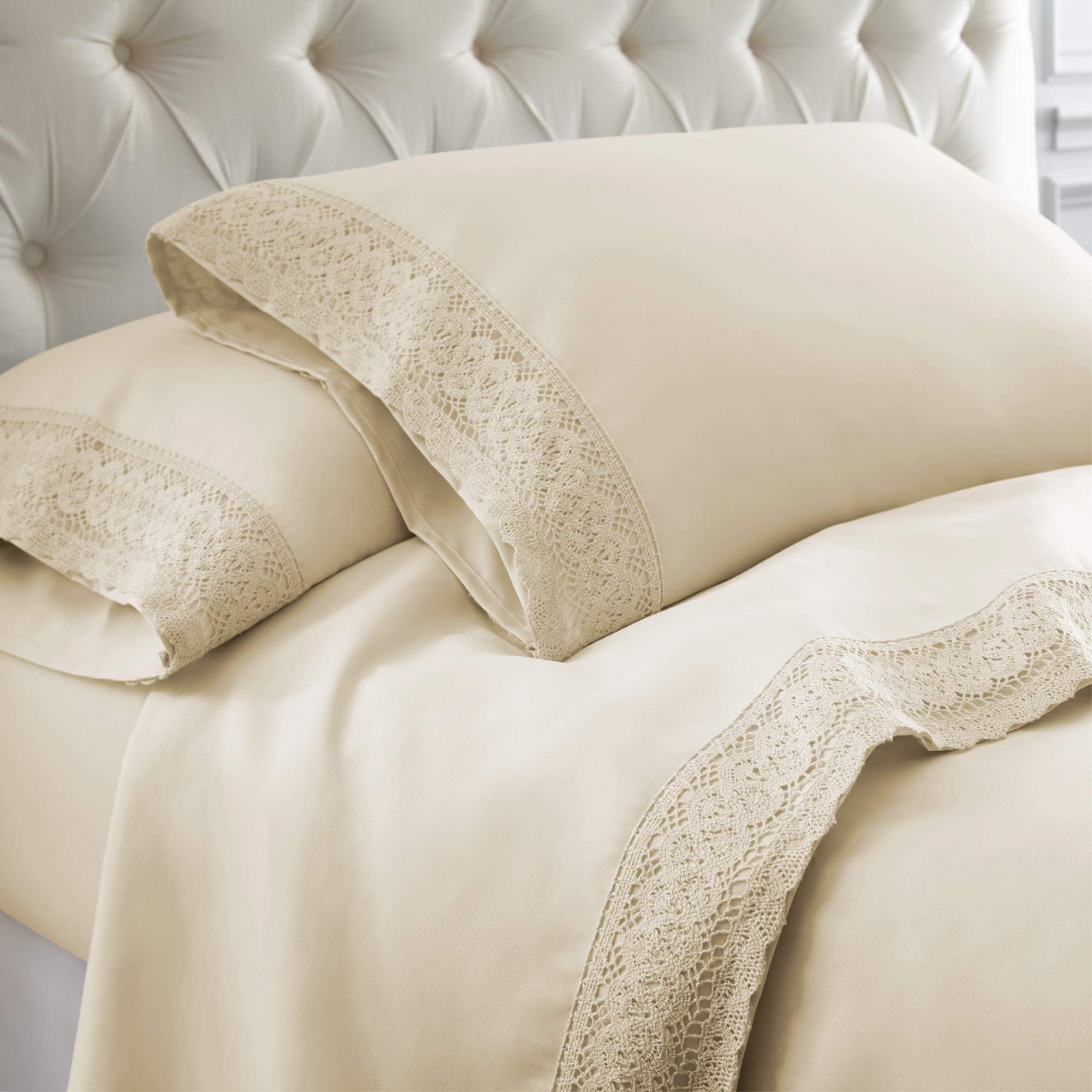 TUP THE URBAN PORT Udine 4 Piece California King Size Sheet Set with Crochet Lace, Cream