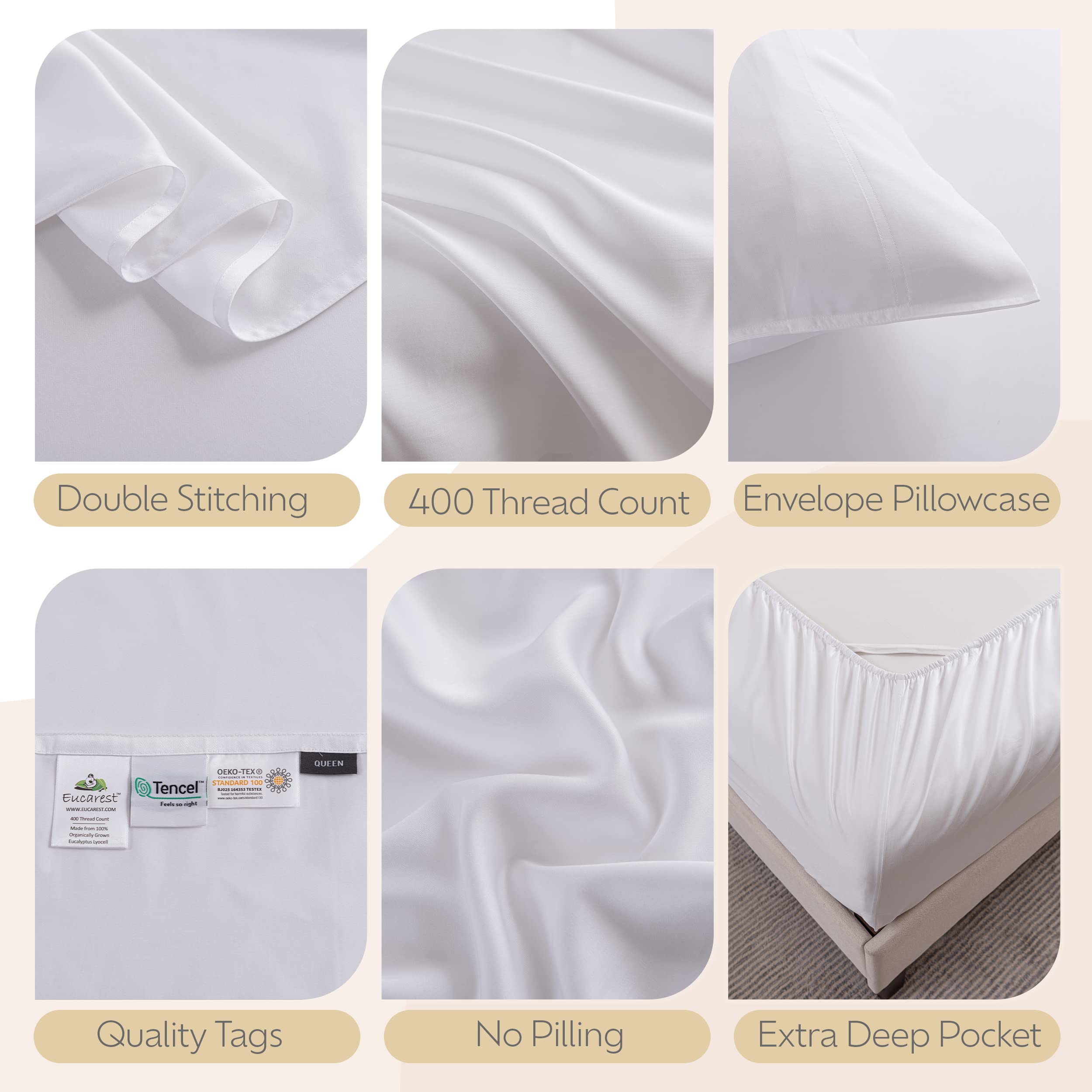 Eucalyptus Lyocell Bed Sheets, Hypoallergenic 100% Organic Tencel, Thermal Regulating and Moisture Wicking for Hot Sleepers, Superior Thread Quality, Extra Deep Pockets King Size – White