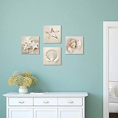 Coastal Serene Canvas Wall Art: Shells on Beach Sand Giclee Print Painting for Wall Decor for SPA Room (12''x12''x4pcs)