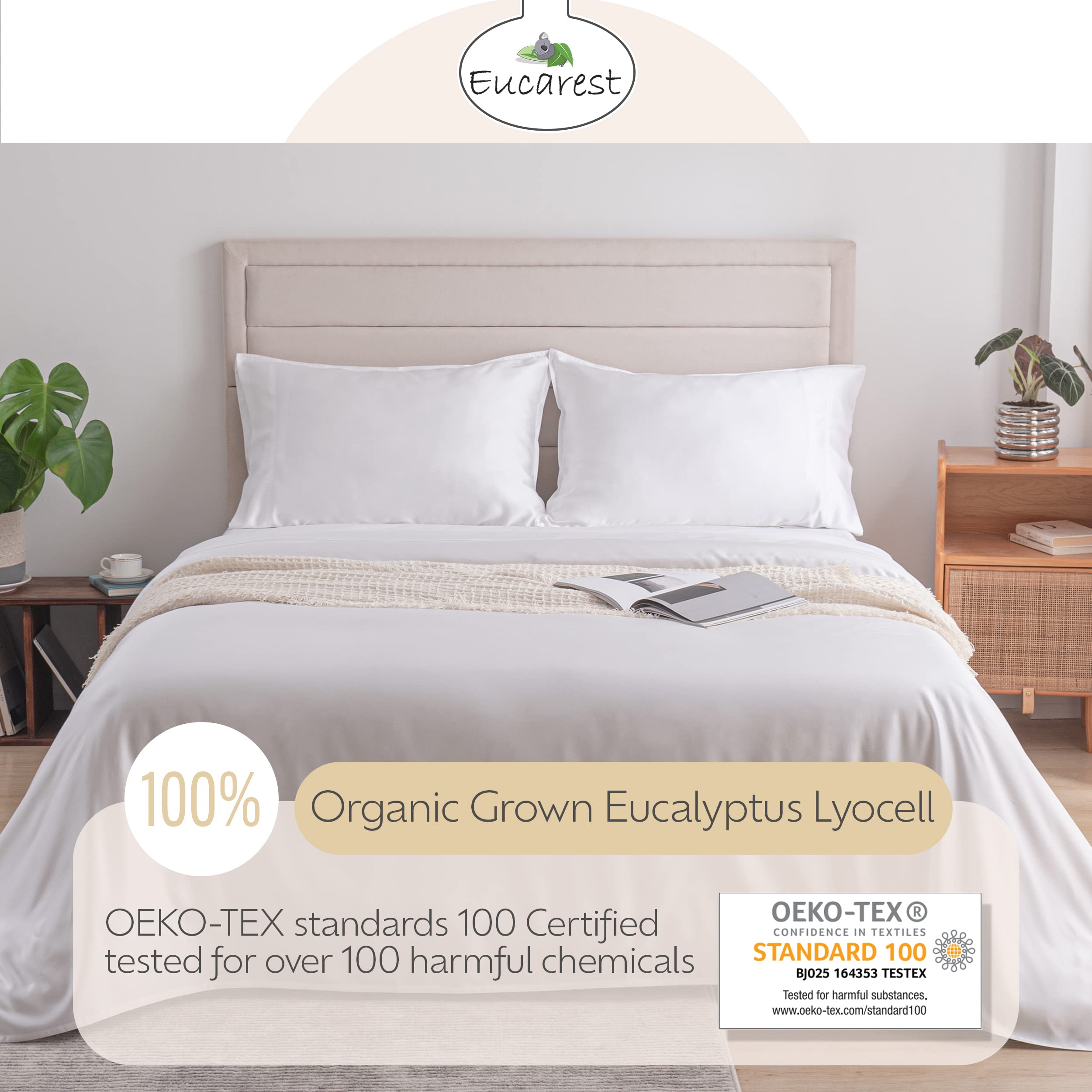 Eucalyptus Lyocell Bed Sheets, Hypoallergenic 100% Organic Tencel, Thermal Regulating and Moisture Wicking for Hot Sleepers, Superior Thread Quality, Extra Deep Pockets King Size – White