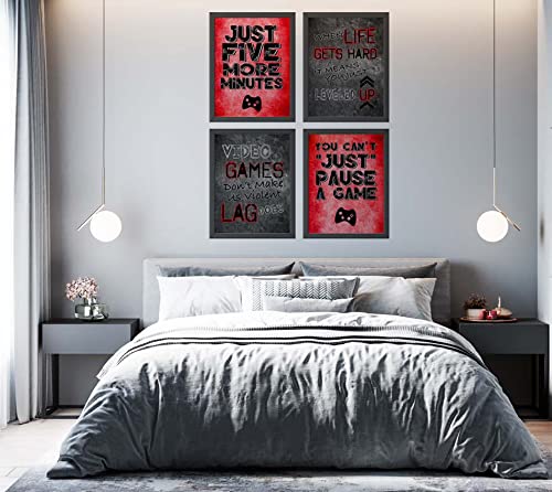 Silly Goose Gifts Video Game Themed Art Print Room Wall Decoration (Set or Four) Gamer (Red)