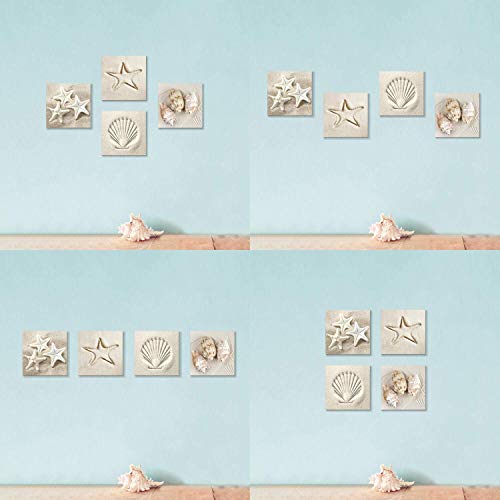 Coastal Serene Canvas Wall Art: Shells on Beach Sand Giclee Print Painting for Wall Decor for SPA Room (12''x12''x4pcs)