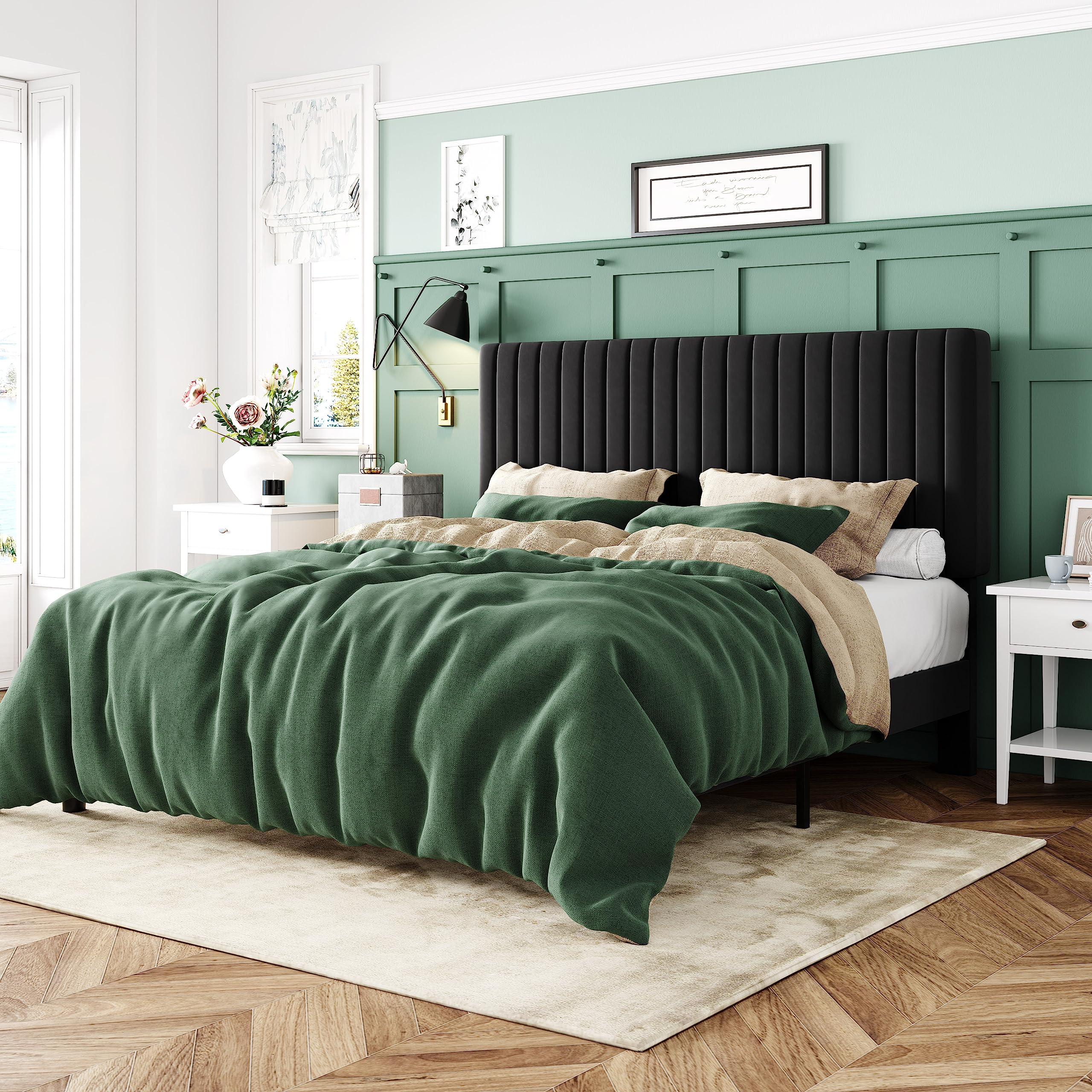 Allewie Full Bed Frame, Velvet Upholstered Platform Bed with Vertical Channel Tufted Headboard, Mattress Foundation with Strong Wooden Slats, Box Spring Optional, Easy Assembly, Black