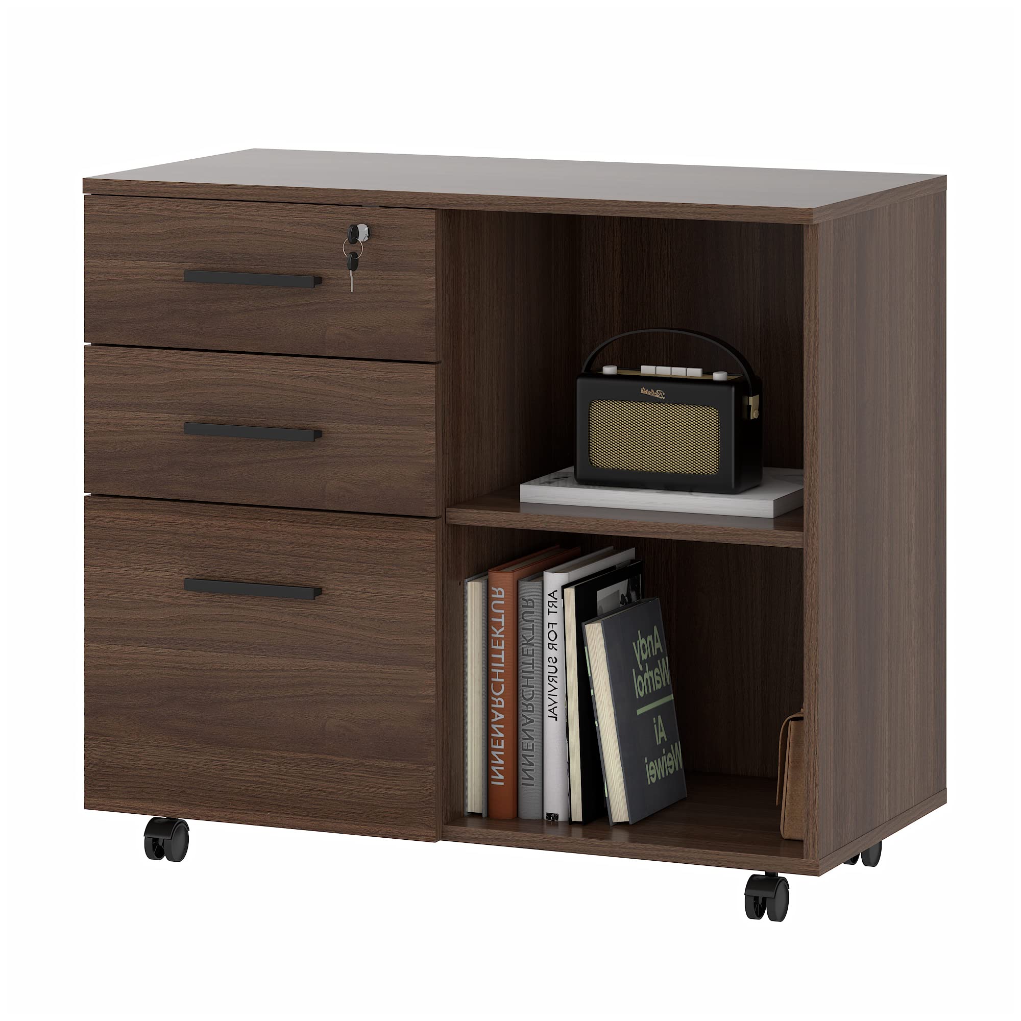 WAHEY File Cabinet, 3 Drawer Mobile Lateral Filing Cabinet with Open Storage Shelf, OLFC001