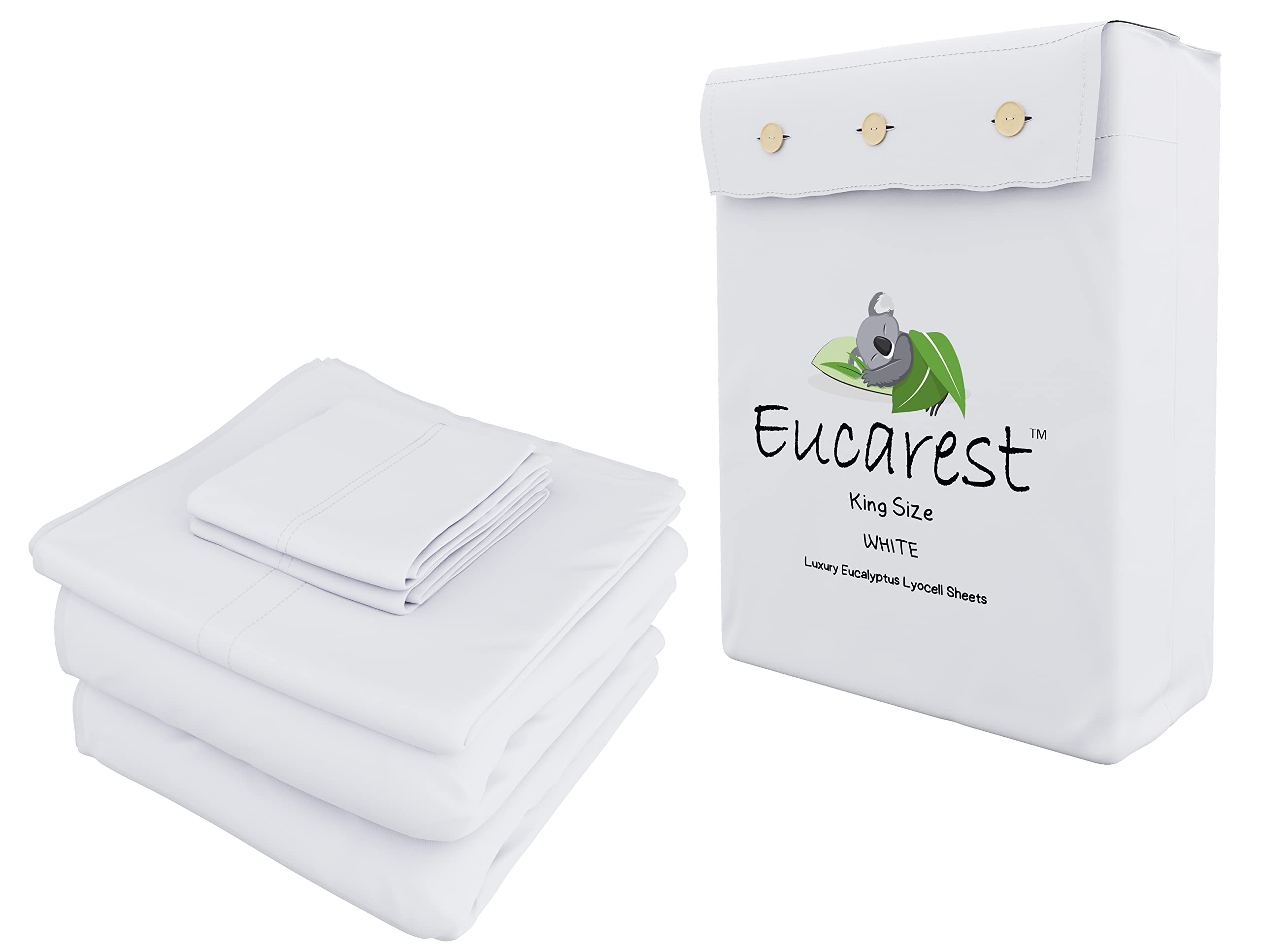 Eucalyptus Lyocell Bed Sheets, Hypoallergenic 100% Organic Tencel, Thermal Regulating and Moisture Wicking for Hot Sleepers, Superior Thread Quality, Extra Deep Pockets King Size – White
