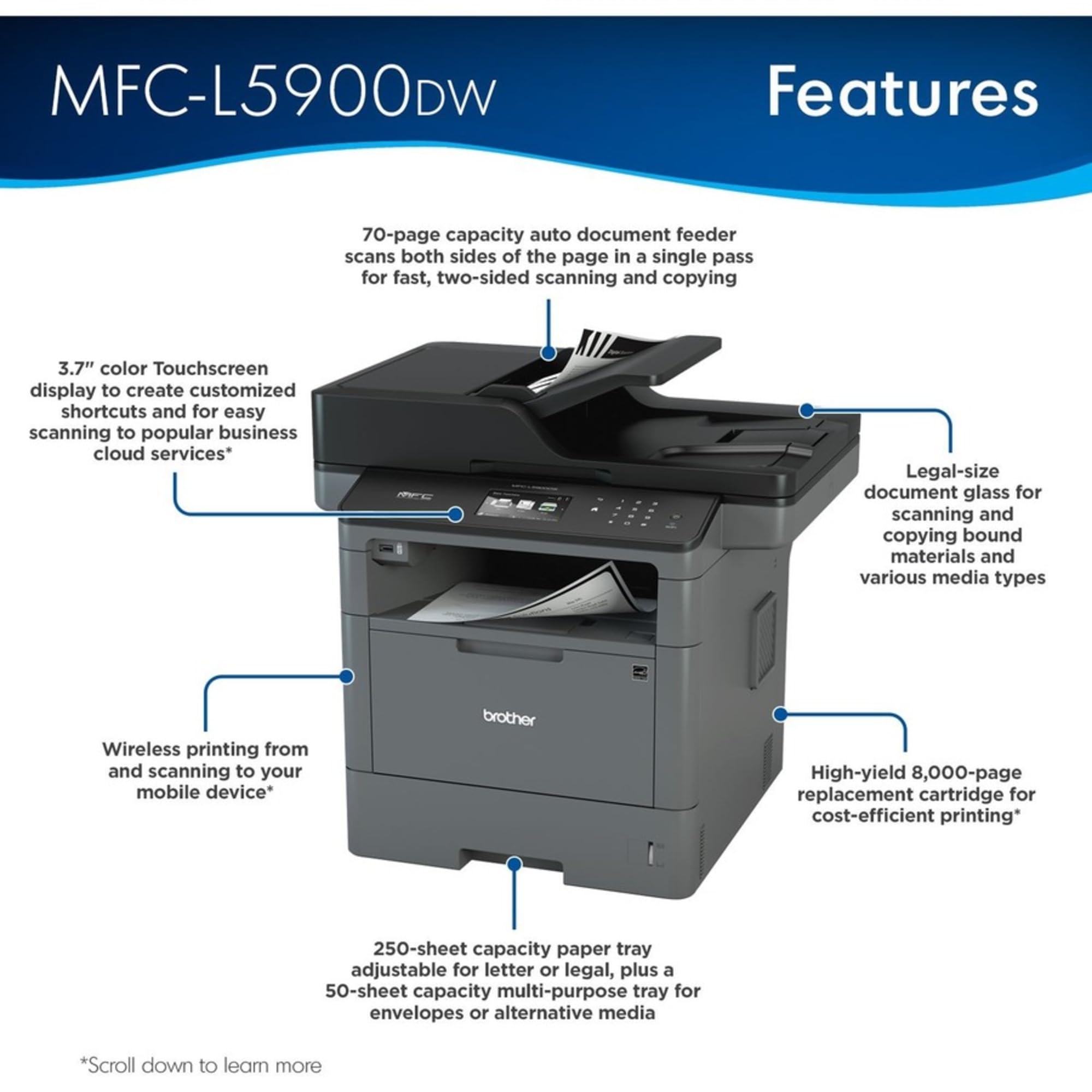 Brother Monochrome Laser Printer, Multifunction Printer, All-in-One Printer, MFC-L5900DW, Wireless Networking, Mobile Printing & Scanning, Duplex Print, Copy & Scan, Amazon Dash Replenishment Ready
