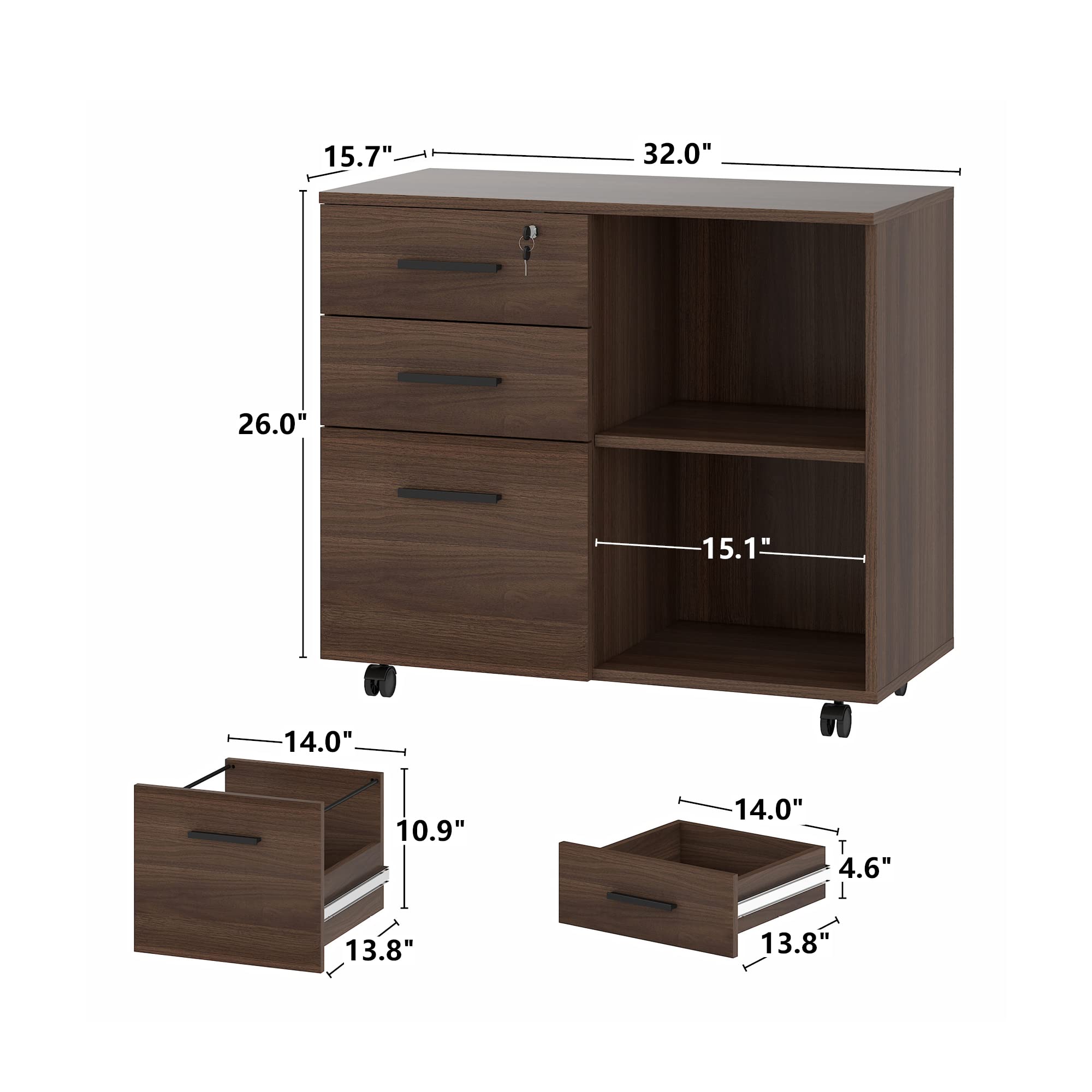 WAHEY File Cabinet, 3 Drawer Mobile Lateral Filing Cabinet with Open Storage Shelf, OLFC001