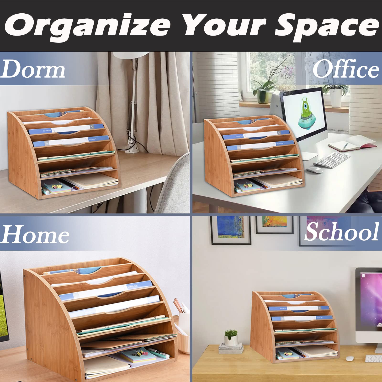 Office File Organizer for Desk, 7 Tiers Letter Mail Paper Sorter, Desktop Document File Holder with Adjustable Shelves, DIY Compartments Mail Letter Tray Notebook Storage Rack
