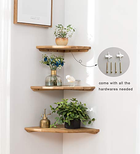Corner Shelf, 7inch Solid Oak Wood Floating Corner Shelf Wall Mount Round End Floating Speaker Shelf Display Shelf for Small Plant Photo Frame,Storage for Bedroom Kitchen,Living Room,Office