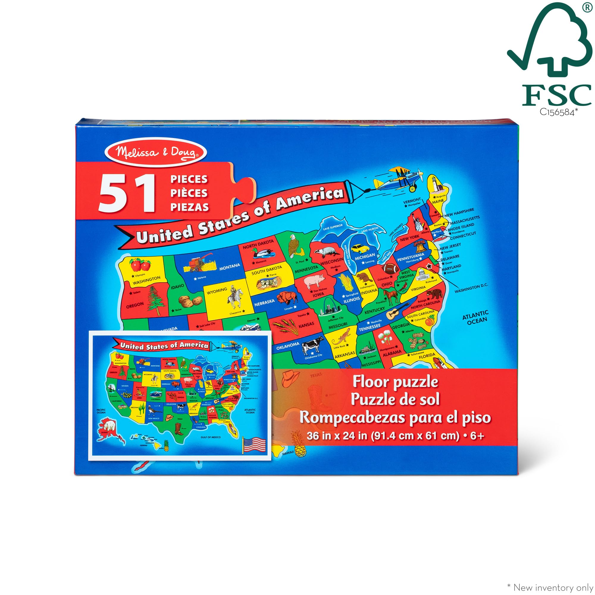 Melissa & Doug USA Map Floor Puzzle (51 pcs, 2 x 3 feet), Multi