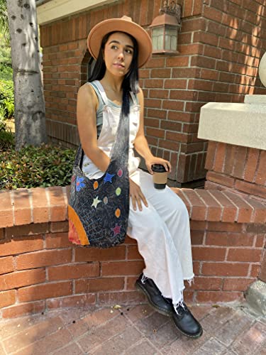 Elements of Nature Bohemian Hand-Stitched Hippie Hippy Shoulder Crossbody Monk Handbag in Black Large