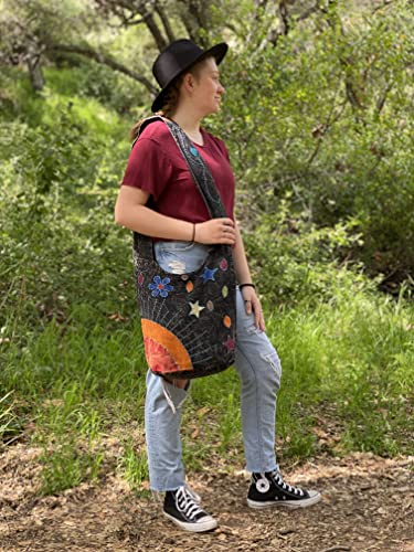 Elements of Nature Bohemian Hand-Stitched Hippie Hippy Shoulder Crossbody Monk Handbag in Black Large