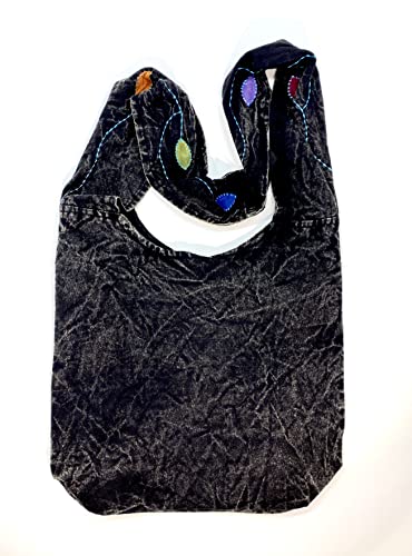 Elements of Nature Bohemian Hand-Stitched Hippie Hippy Shoulder Crossbody Monk Handbag in Black Large