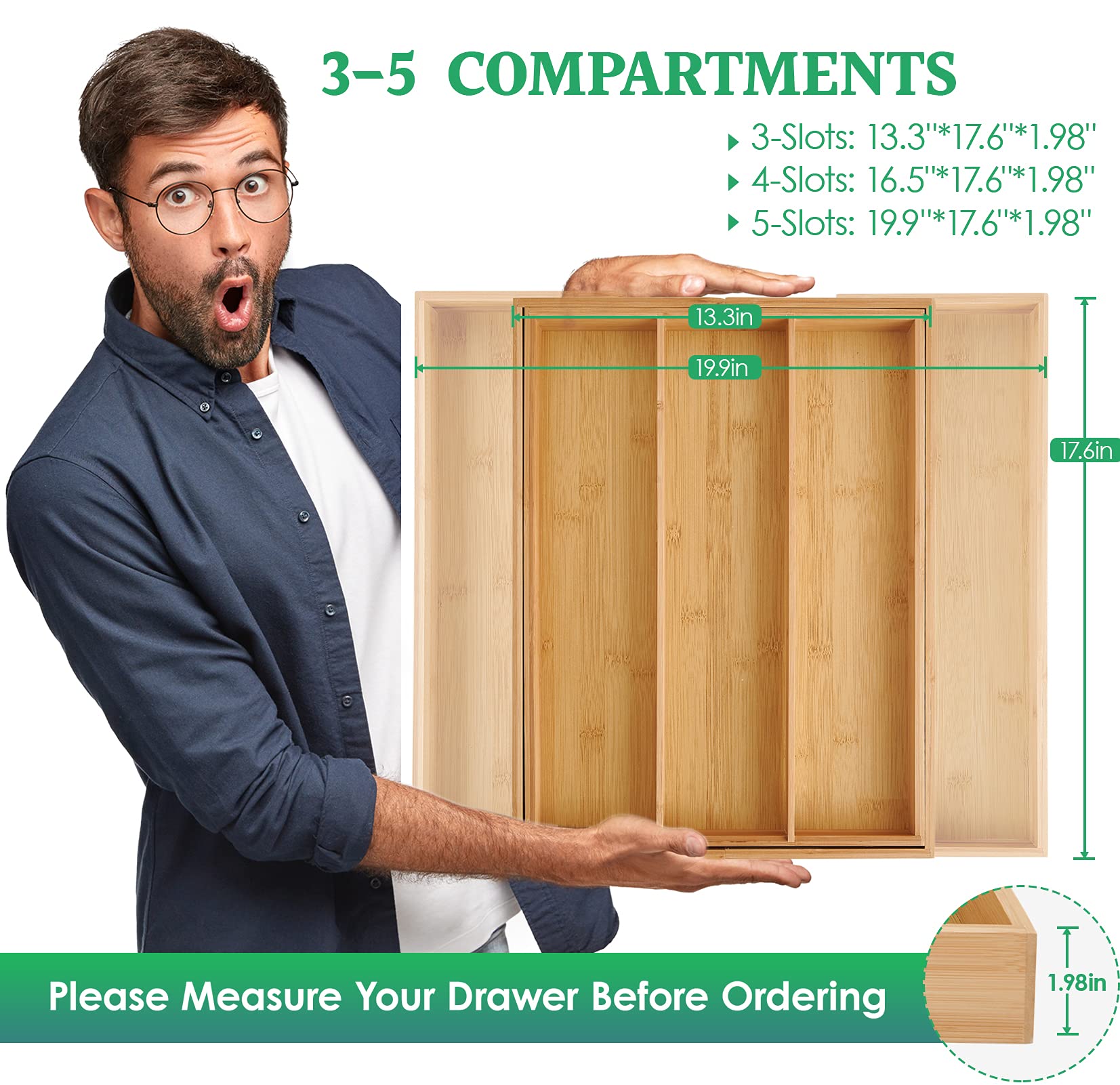 OMISSA Bamboo Expandable Drawer Organizer for Utensils Holder, Adjustable Cutlery Tray, Wood Drawer Dividers Organizer for Silverware, Flatware, Knives in Kitchen, Bedroom, Living Room