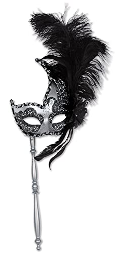 Beistle Plastic Costume Masquerade Mask on Stick With Feathers For Mardi Gras Party Supplies and Halloween Accessories