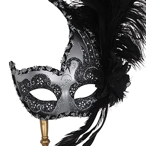 Beistle Plastic Costume Masquerade Mask on Stick With Feathers For Mardi Gras Party Supplies and Halloween Accessories