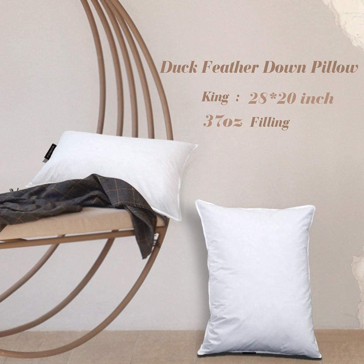 JA COMFORTS Duck Feather Down Bed Pillows for Sleeping(2 Packs)-Standard/Queen,High Filling Weight,600 Thread Count,Double-Layer Downproof Fabric Design,10% Duck Down,Cotton Cover,White