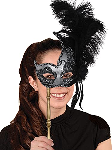 Beistle Plastic Costume Masquerade Mask on Stick With Feathers For Mardi Gras Party Supplies and Halloween Accessories