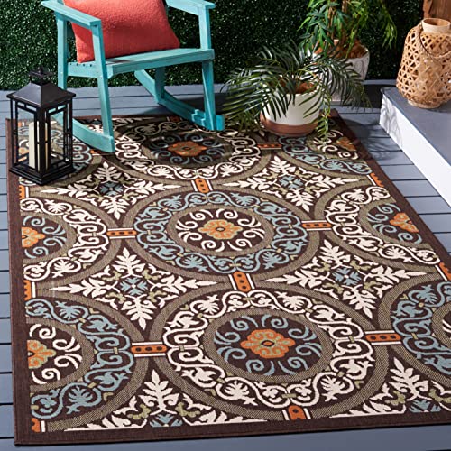 SAFAVIEH Veranda Collection 6'7" x 9'6" Chocolate / Aqua VER055 Modern Indoor/ Outdoor Non-Shedding Easy-Cleaning Patio Backyard Porch Deck Mudroom Area Rug
