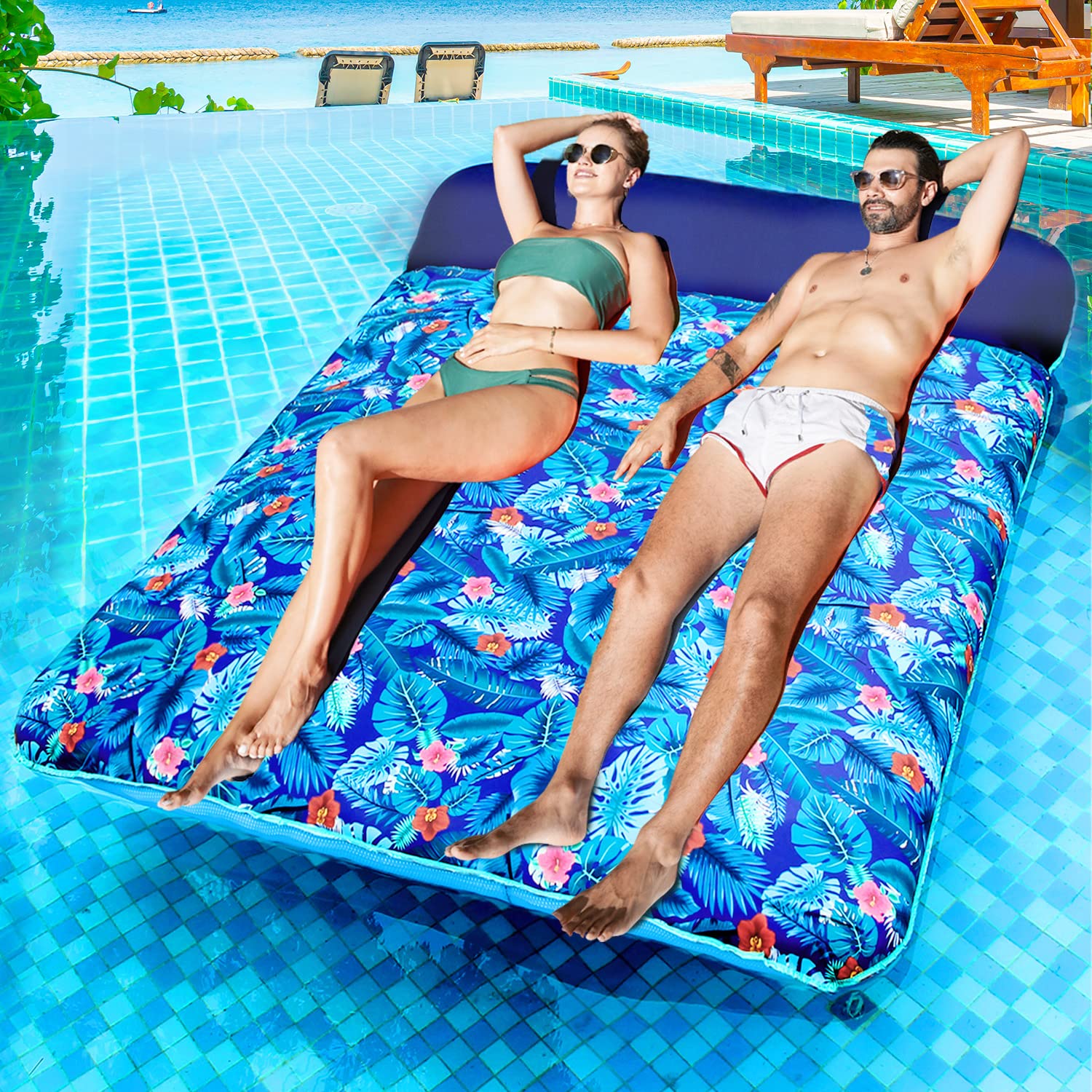 FindUWill Oversized Pool Floats Raft, 1-2 Person, 72'' X 60'' Giant Fabric-Covered Pool Floats Adult Size, Inflatable Floating Mat with Headrest Ultra-Comfort Summer Pool Lounger Floatie