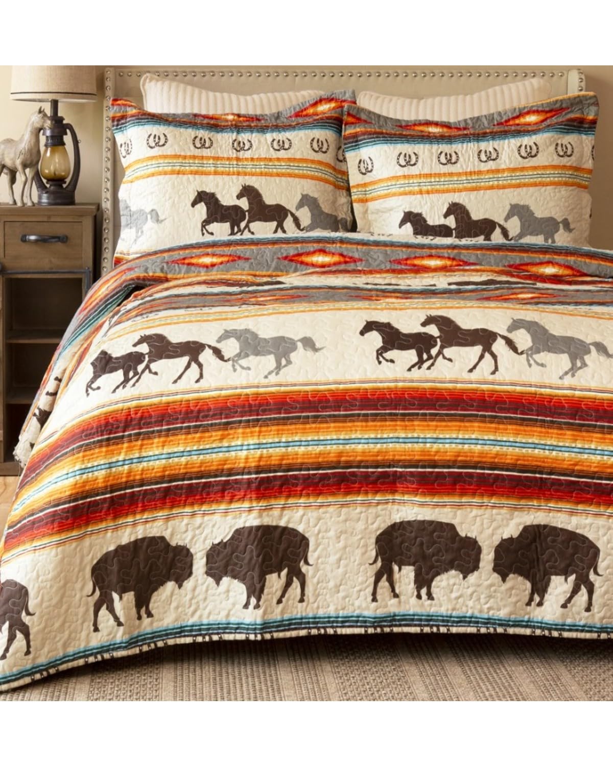 CARSTENS, INC. Western Aztec Country Bedding Set, Southwestern Microfiber Quilt Set, Wrangler Western Stripe, King