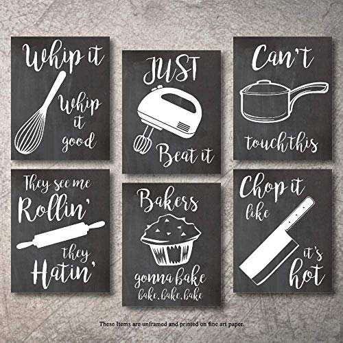 Home Decor Funny Gift 6 Kitchen Wall Art Prints Kitchenware with Sayings Unframed Farmhouse Home Office organization Signs Bar Accessories Decorations sets white house Deco Kitchen Decor (5"x7")