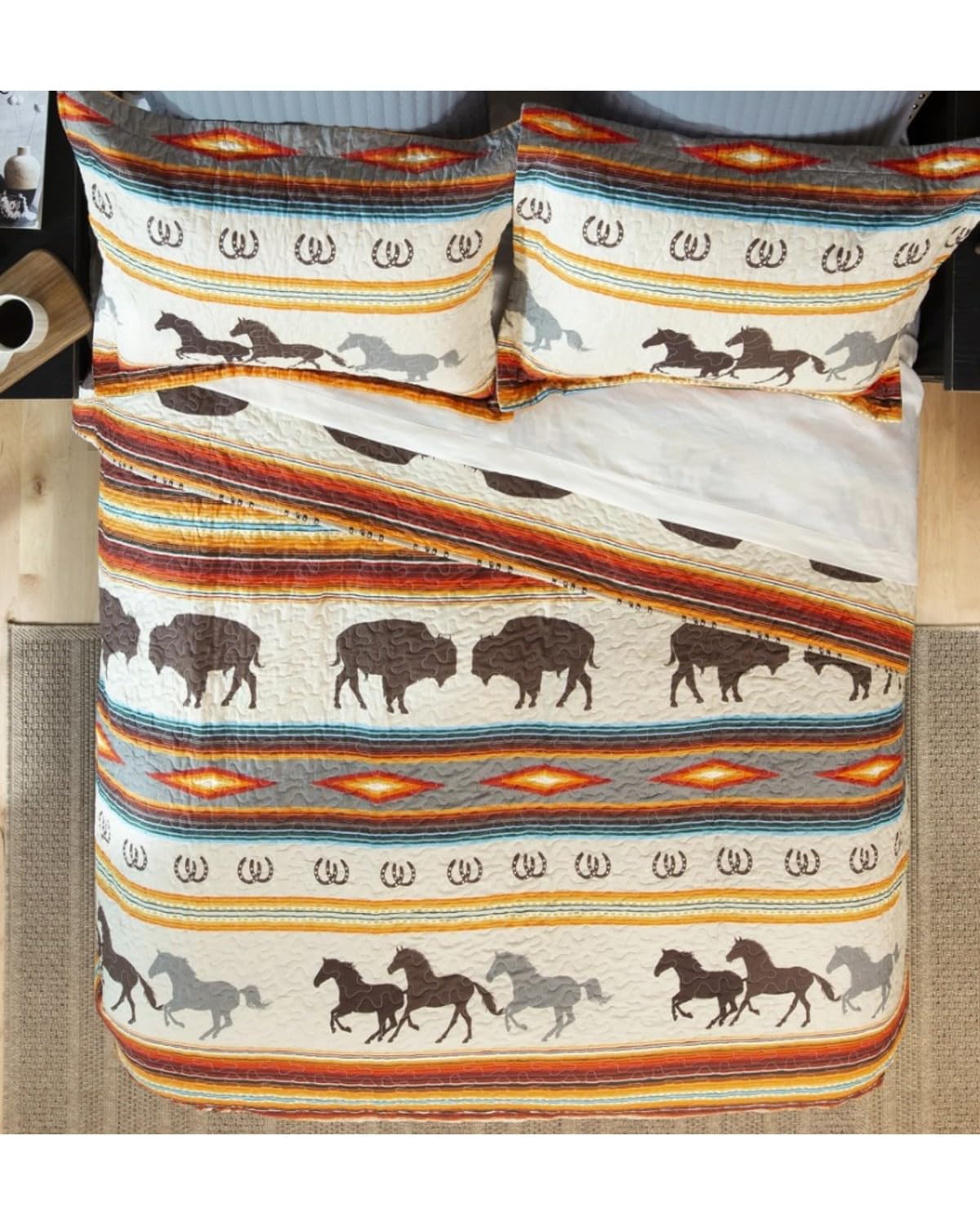 CARSTENS, INC. Western Aztec Country Bedding Set, Southwestern Microfiber Quilt Set, Wrangler Western Stripe, King