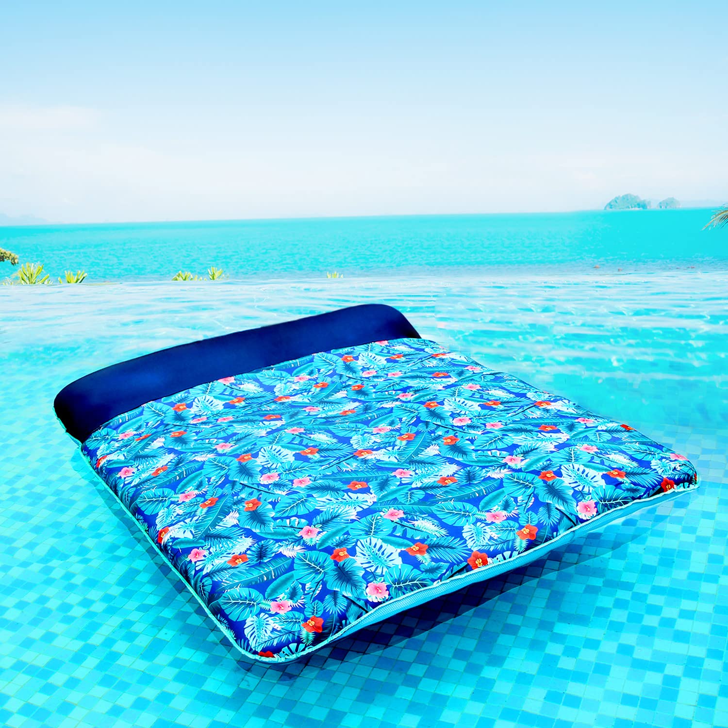 FindUWill Oversized Pool Floats Raft, 1-2 Person, 72'' X 60'' Giant Fabric-Covered Pool Floats Adult Size, Inflatable Floating Mat with Headrest Ultra-Comfort Summer Pool Lounger Floatie