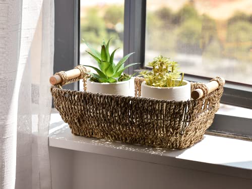StorageWorks Small Wicker Baskets, Handwoven Baskets for Storage, Seagrass Rattan Baskets with Wooden Handles, 2-Pack