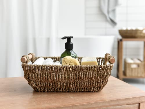 StorageWorks Small Wicker Baskets, Handwoven Baskets for Storage, Seagrass Rattan Baskets with Wooden Handles, 2-Pack