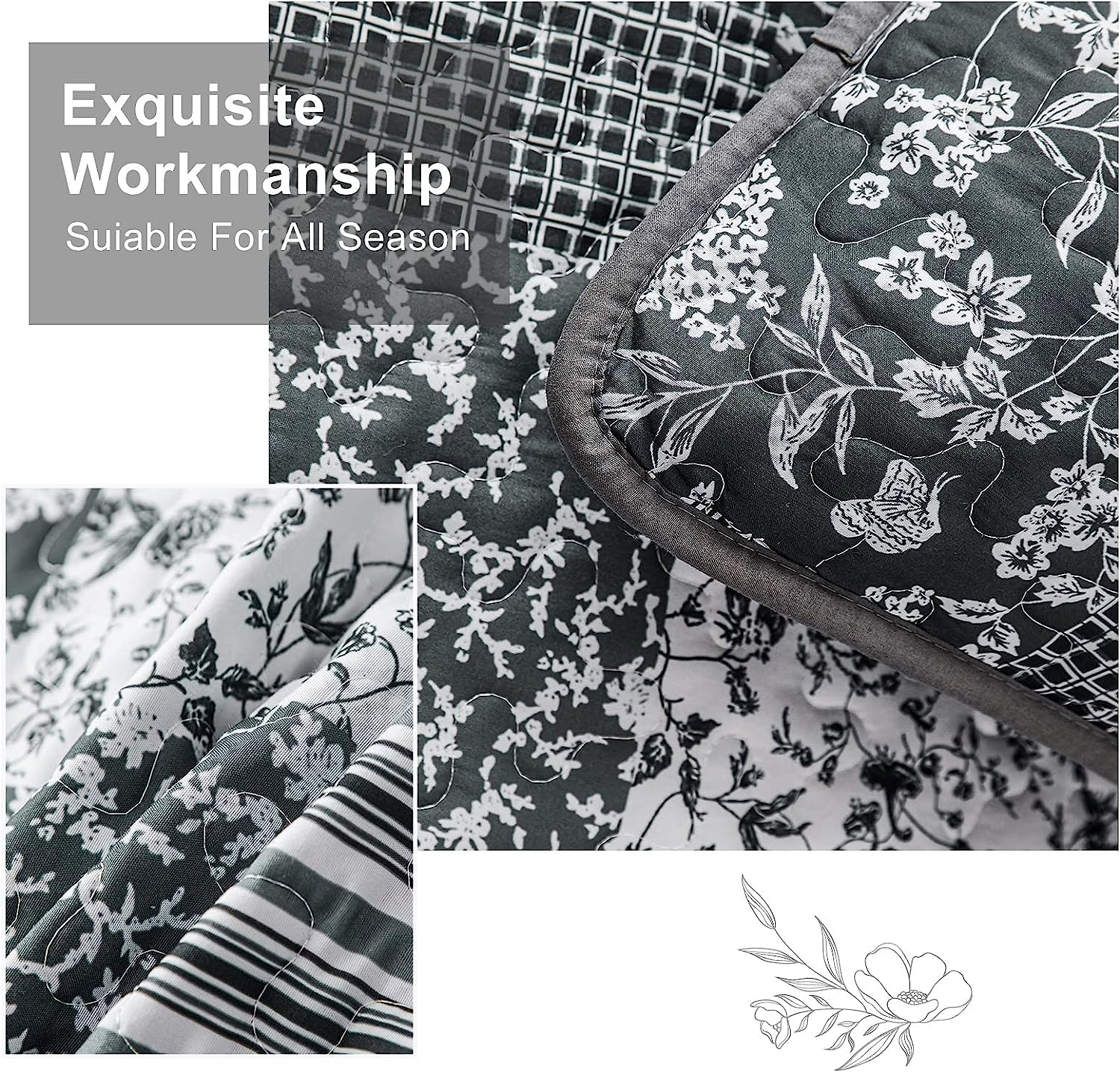 Mybedsoul Black Grey Boho Quilt Set California King Size,3 Pieces Plaid Floral Bedspread Coverlet Set for All Season,Patchwork Reversible Bedding Set 106"x 96"