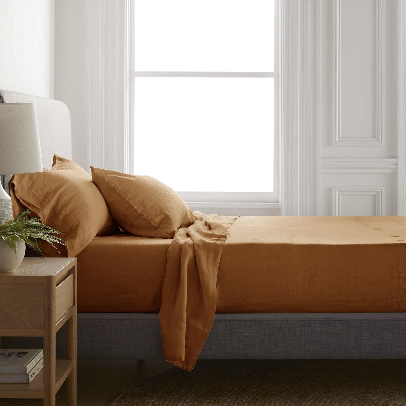 Talasily Linen Sheets California King Linen Bed Sheet 4 Piece Breathable Cotton Bed Sheets, Linen Cotton Blend Sheets for All Seasons- Deep Pockets, Easy-Fit, (California King, Caramel)