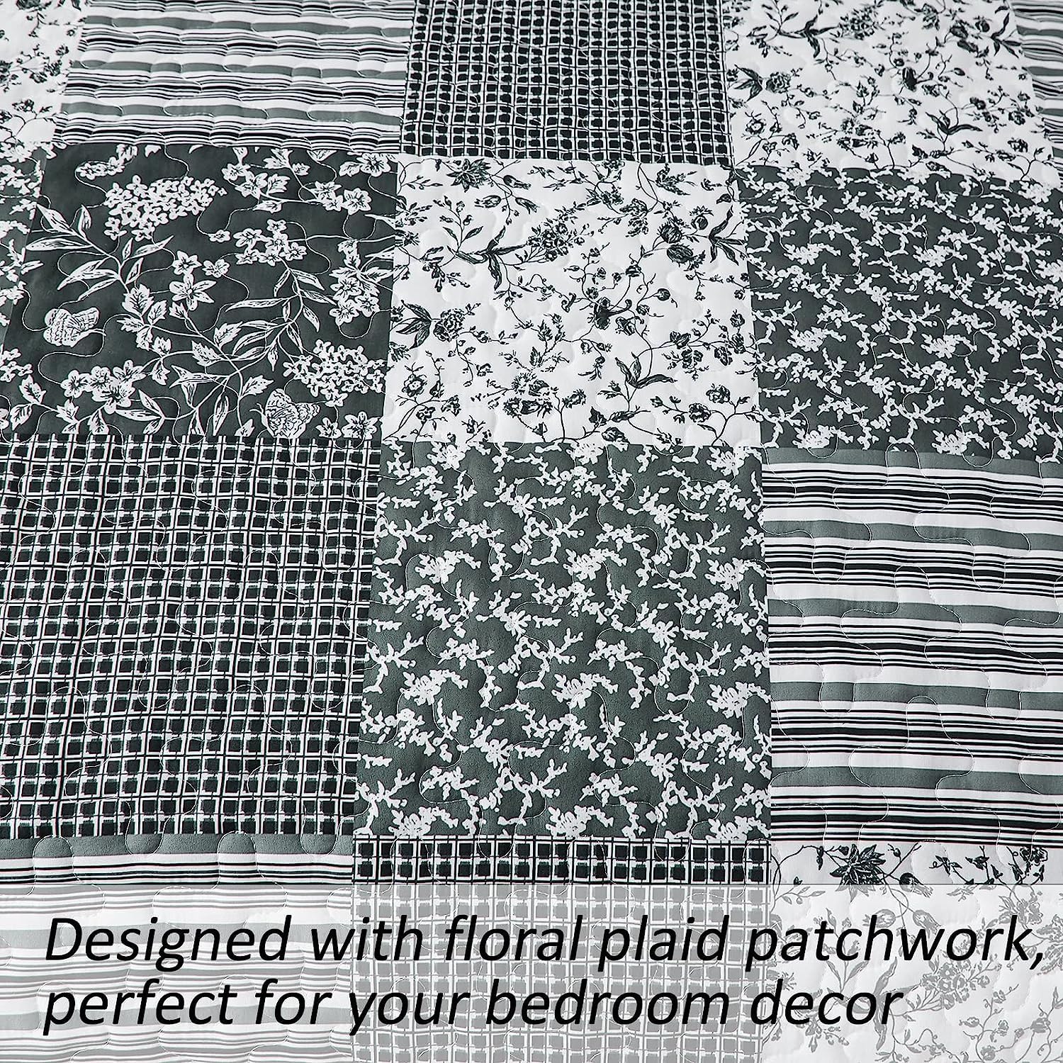Mybedsoul Black Grey Boho Quilt Set California King Size,3 Pieces Plaid Floral Bedspread Coverlet Set for All Season,Patchwork Reversible Bedding Set 106"x 96"