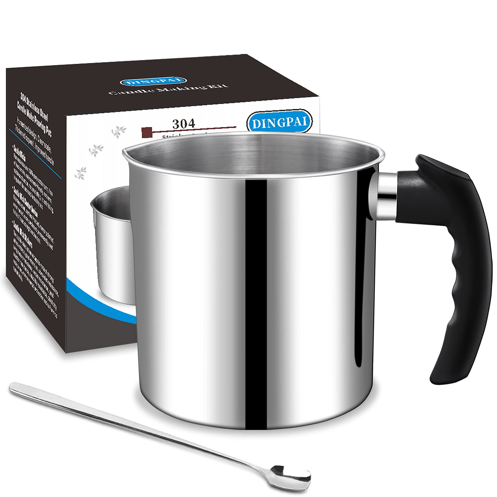 Candle Making Pouring Pot, DINGPAI 44oz Double Boiler Wax Melting Pot, 1pc Spoon, 304 Stainless Steel Candle Making Pitcher, Silver Color with Heat-Resistant Handle and Dripless Pouring Spout Design