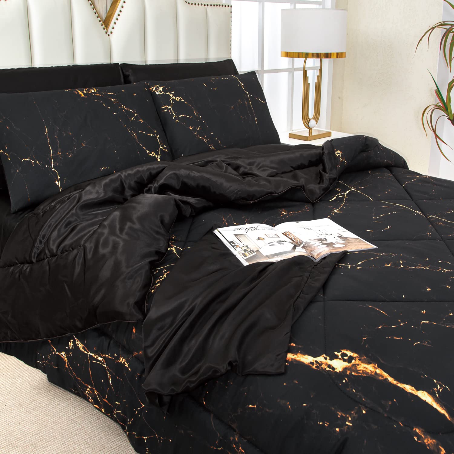 aoaoaoway Black King Marble Comforter Sets, 5 Pieces (1 Quilt + 2 Pillowcases + 2 Silk Pillowcases) Stylish Bedroom Design, Super Soft Silk Microfiber Quilt, All Seasons(Black4,King)