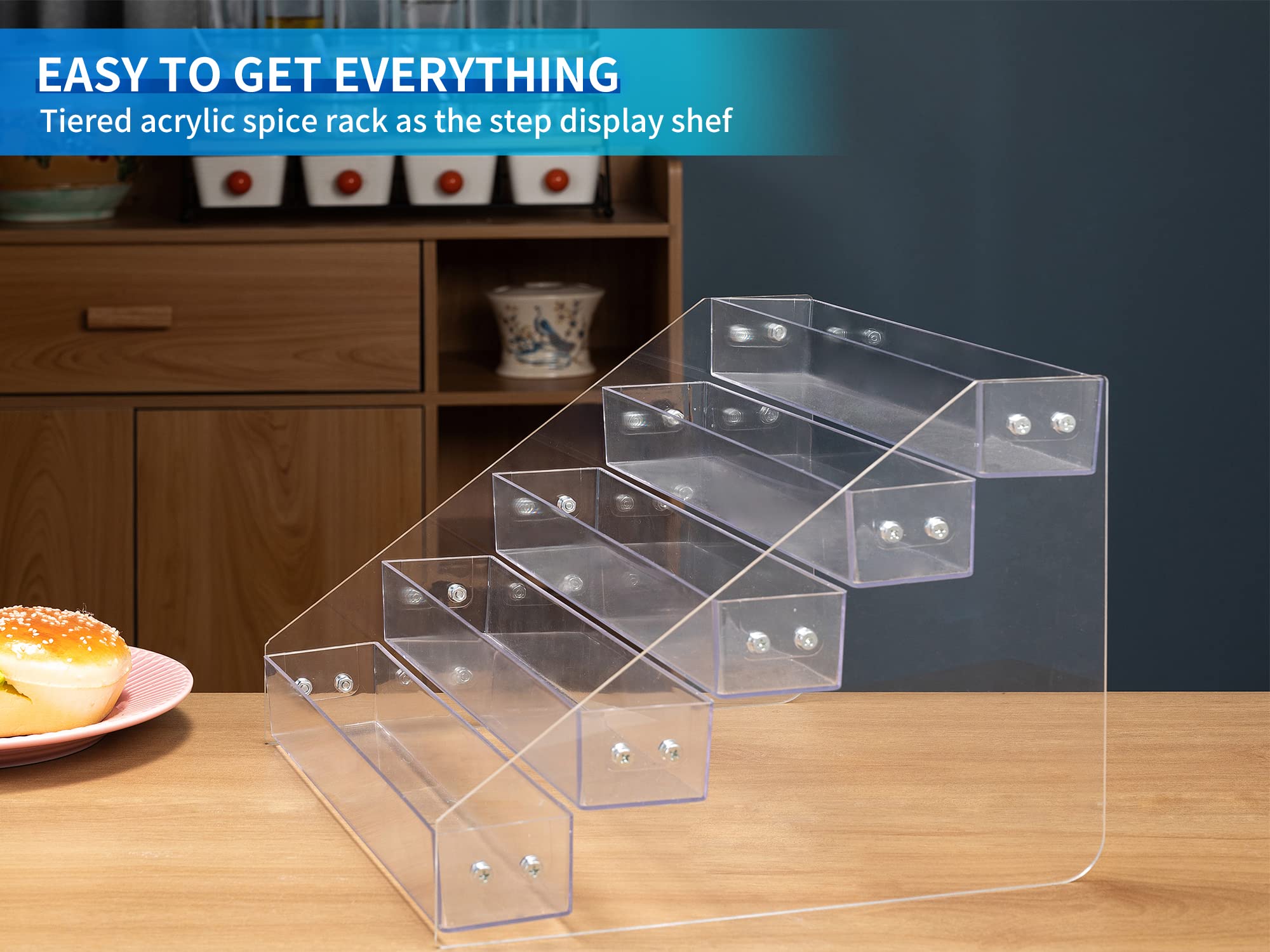 Kihor Tiered Spice Rack Acrylic, Spice Rack Shelf Seasoning Organizer for Countertop, Cabinet, Pantry, Kitchen Storage - 5 Tier