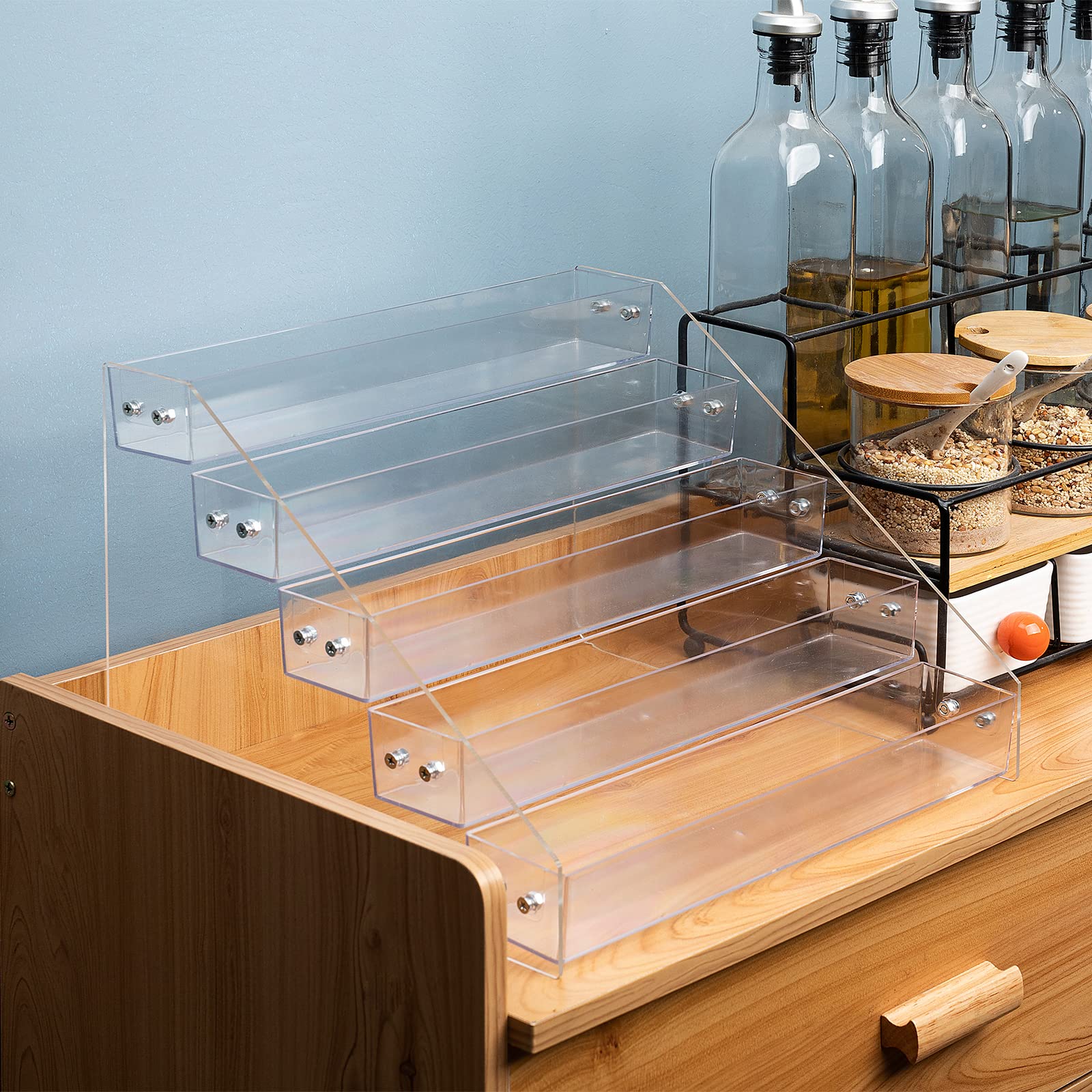 Kihor Tiered Spice Rack Acrylic, Spice Rack Shelf Seasoning Organizer for Countertop, Cabinet, Pantry, Kitchen Storage - 5 Tier