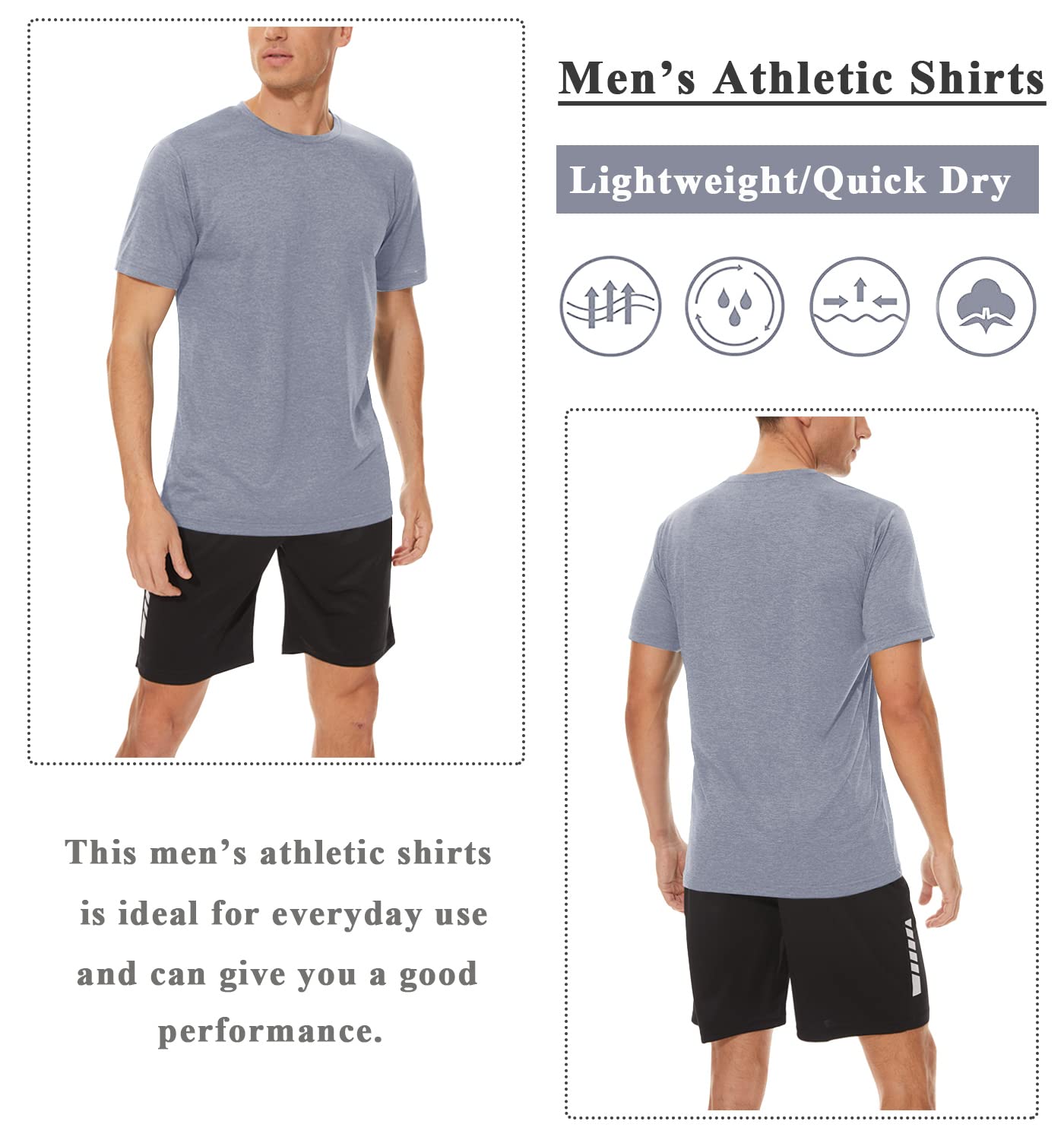 KEFITEVD Athletic Shirts for Men Breathable Quick Dry Gym Training Outdoor Running T-Shirt Short Sleeve Cool Shirt Light Grey