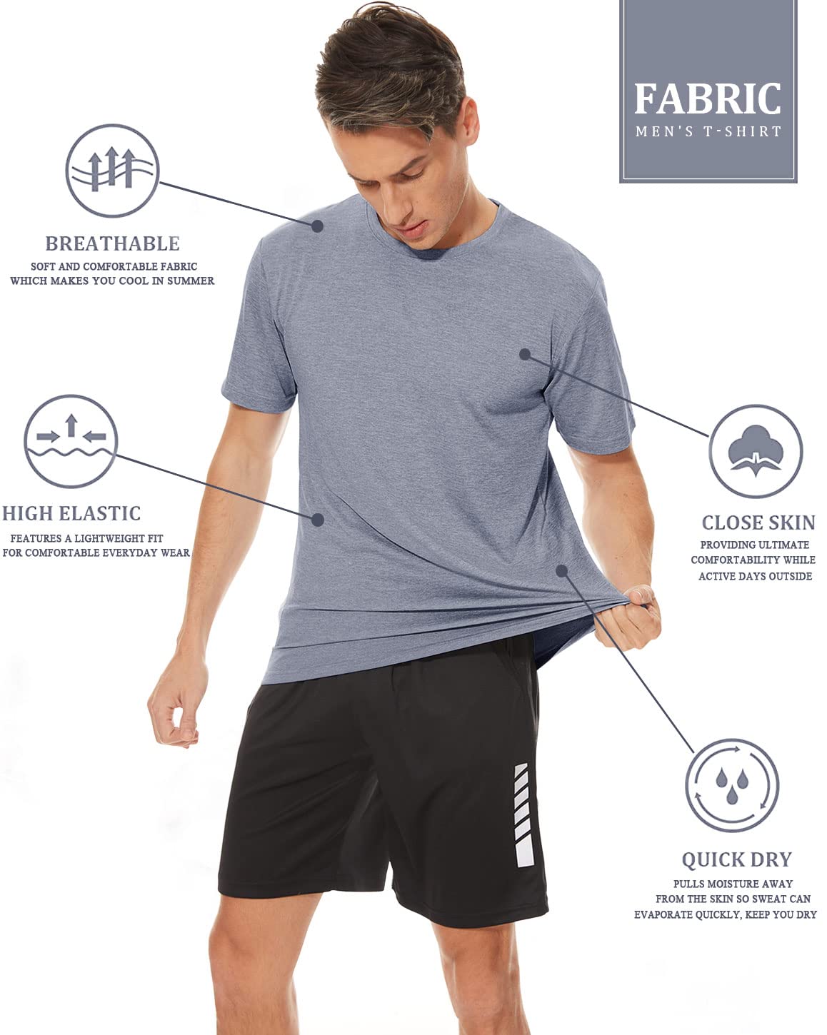 KEFITEVD Athletic Shirts for Men Breathable Quick Dry Gym Training Outdoor Running T-Shirt Short Sleeve Cool Shirt Light Grey
