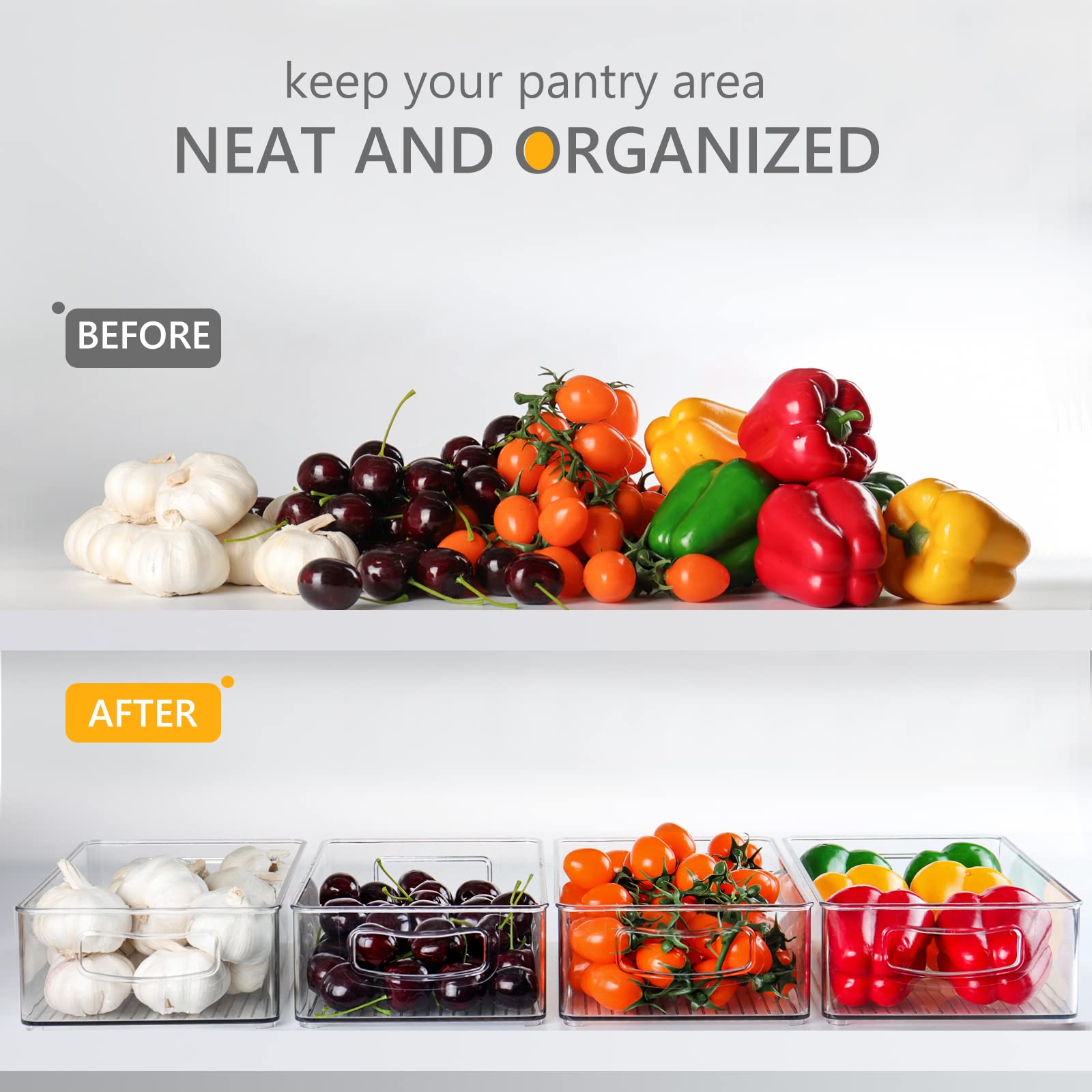 Set Of 6 Clear Fridge Organizers with Handle, The Home Edit and Snack Storage Containers for Kitchen Cabinet, Bathroom, Countertops, Shelves - 3 Large & 3 Medium