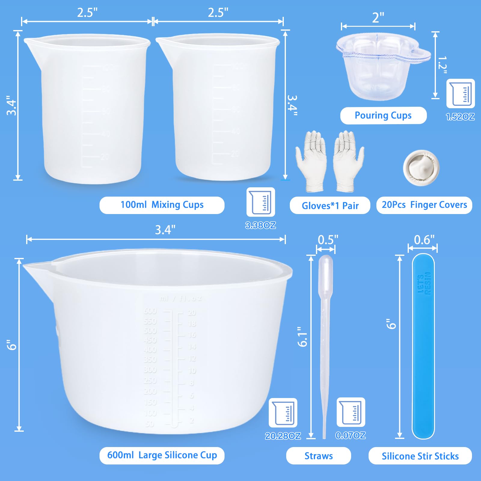 LET'S RESIN Silicone Measuring Cups,Resin Supplies with 600ml/20oz&100ml Thickening&Polishing Resin Mixing Cups,Easy to Clean,Silicone Stir Sticks,Silicone Cups for Epoxy Resin Mixing