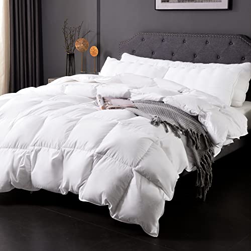 Premium Heavyweight Goose Feathers Down Comforter California King Size for Winter, 100% Cotton Cover Solid White Thicker Duvet Insert with Corner Tabs, Hotel Collection Bed Comforter (104x96, 73oz)