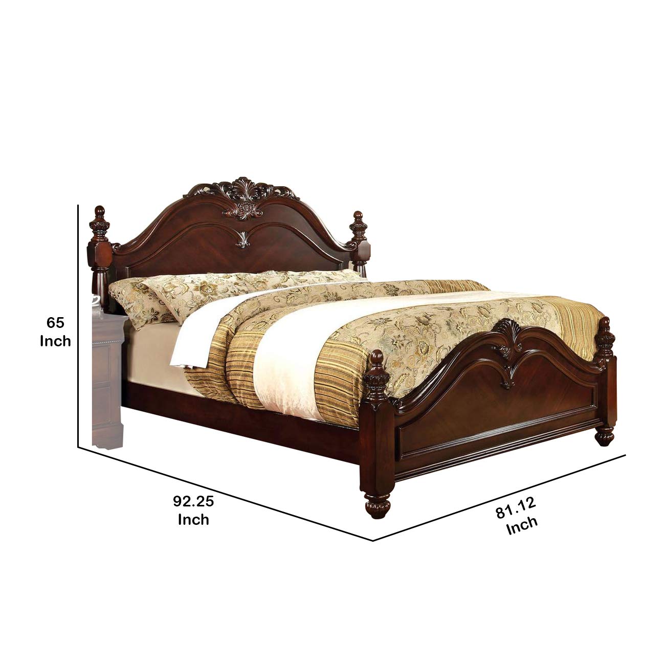 Benjara Traditional Style California King Wooden Bed with Floral Carving, Brown