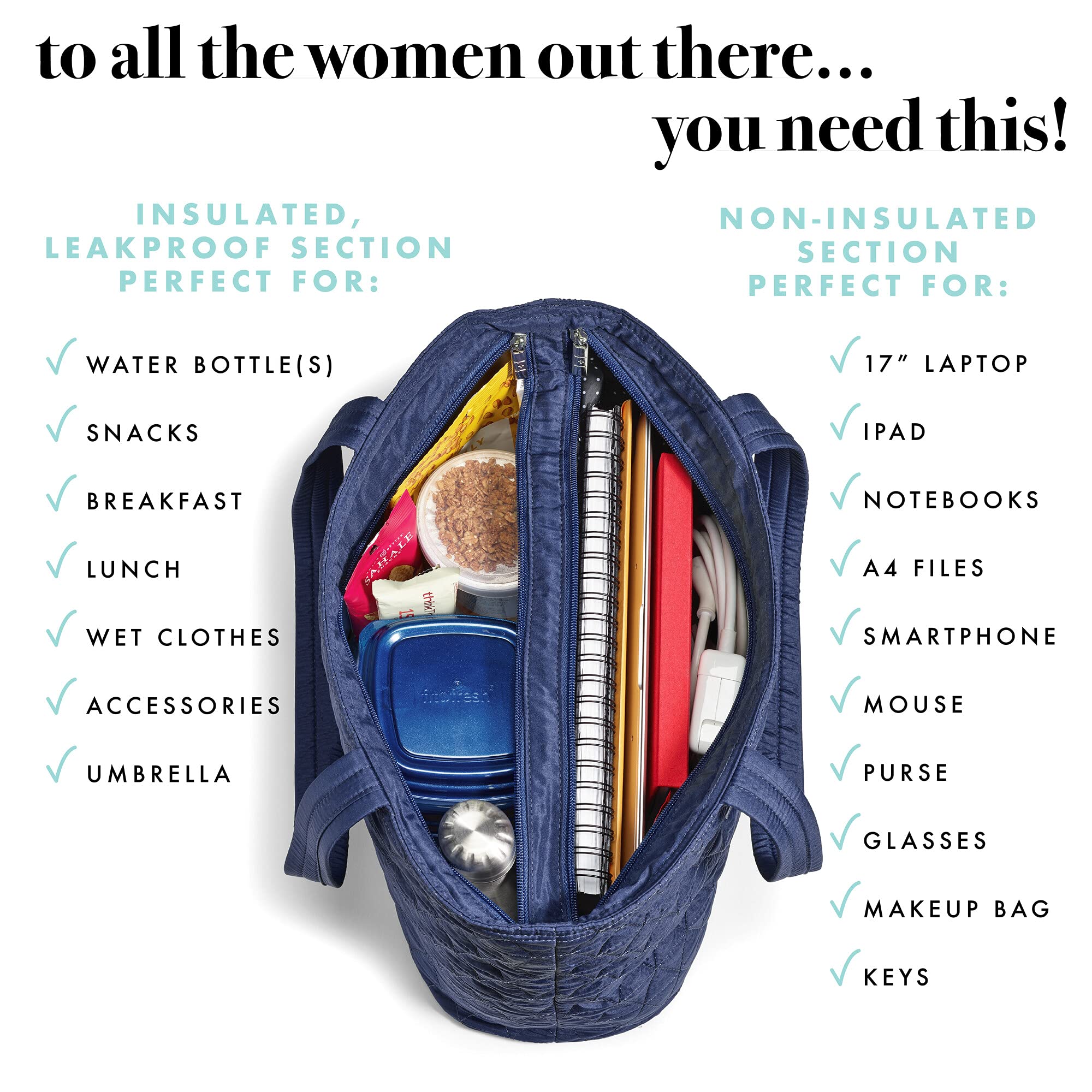Fit & Fresh Insulated Lunch, Work, School Bag, Travel Purse, Navy